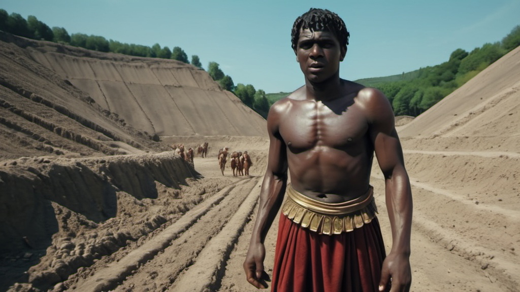a roman slave mining in a mining field, in 4k HD qua...