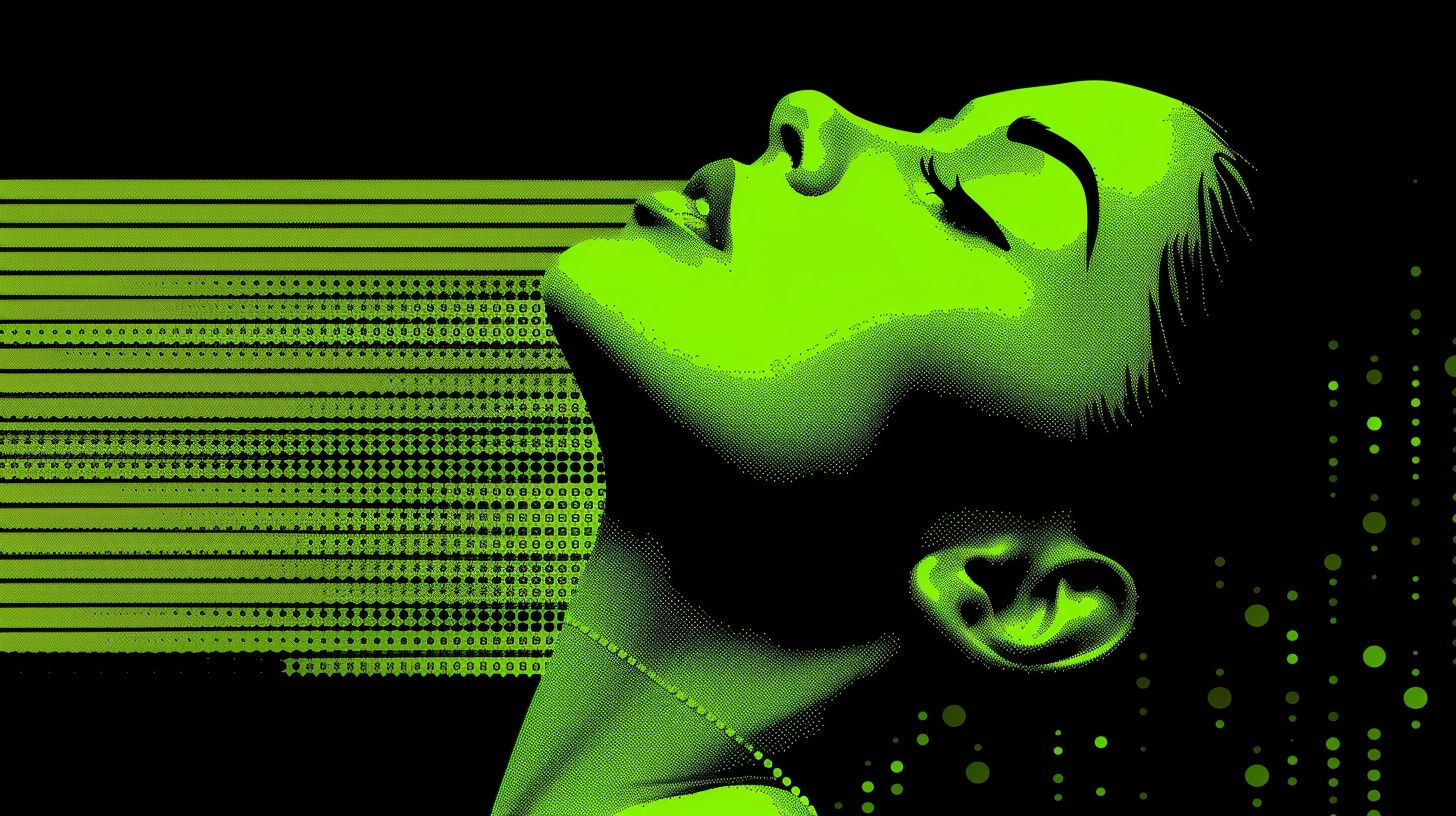 Wide image capturing a vector-styled ASCII girl imme...