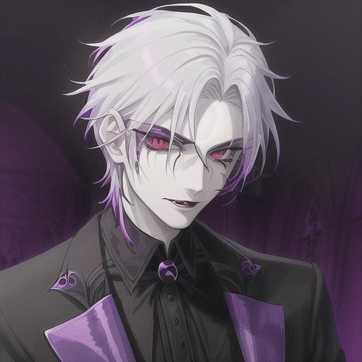 A male gothic vampire wearing black and purple, he h...