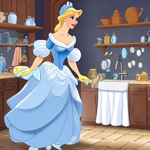 cinderella with her dress is washing the dishes