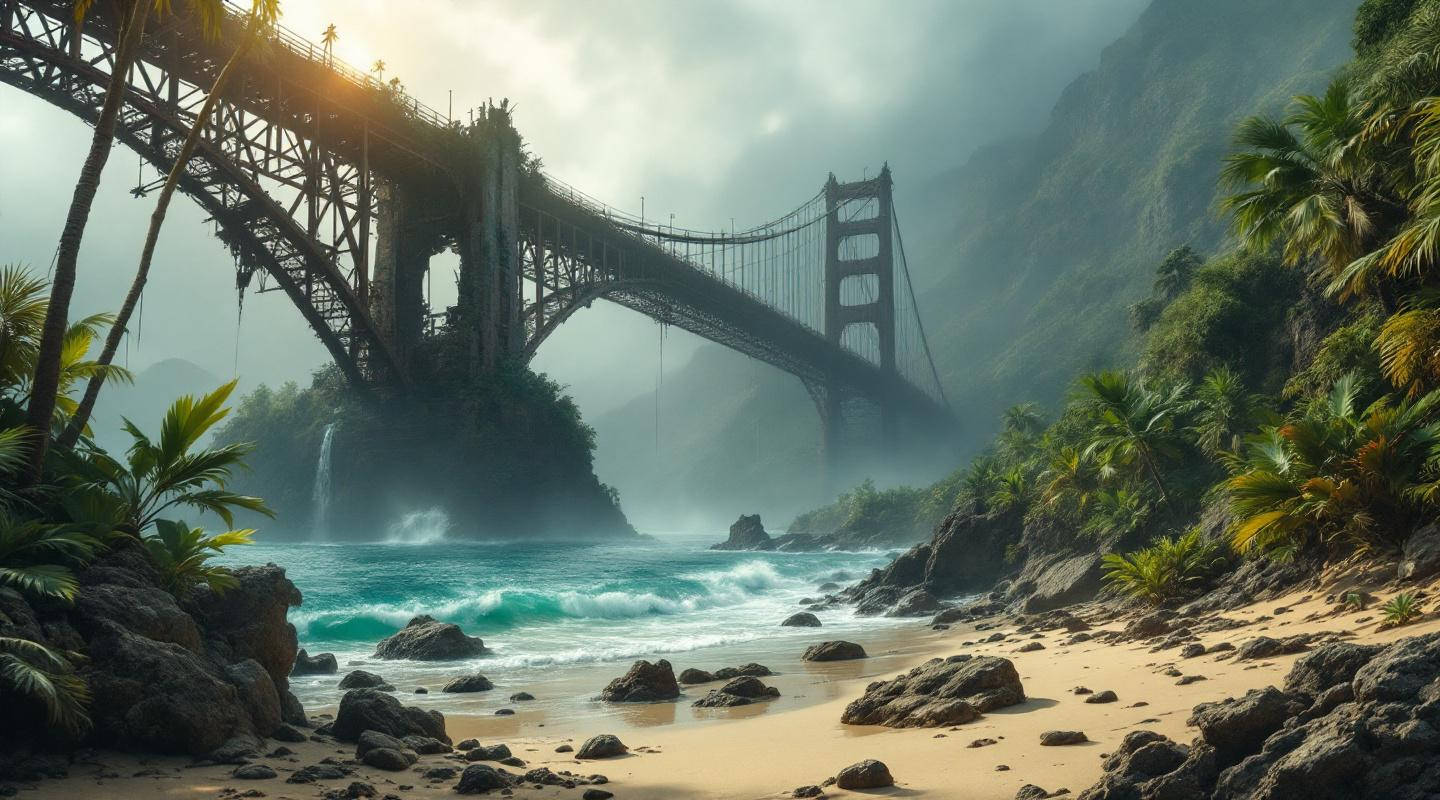 A post-apocalyptic scene with a upward perspective f...