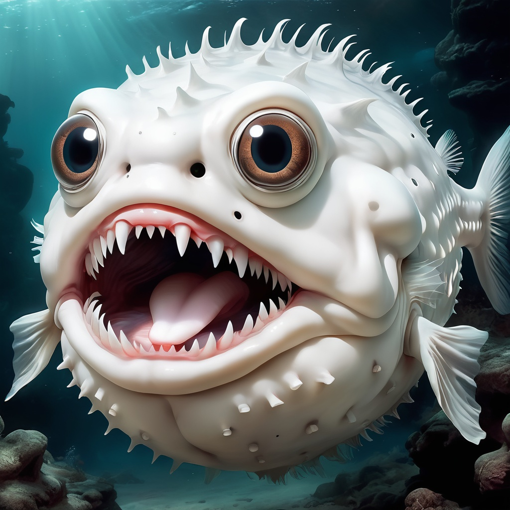 Giant ghost-white puffer fish with fangs and a evil...