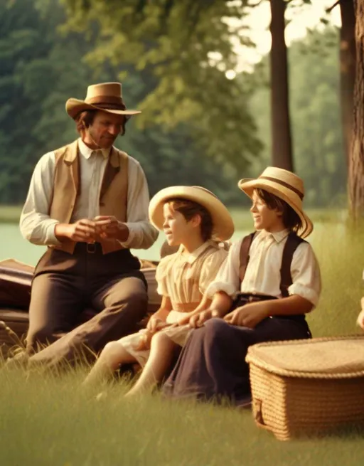 A frontier family in 1800s attire enjoy summertime a...