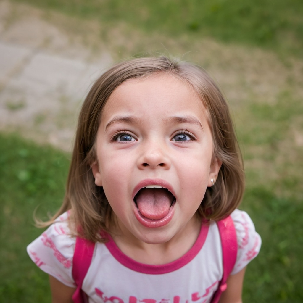 5 year old girl looking up with mouth open, and toun...