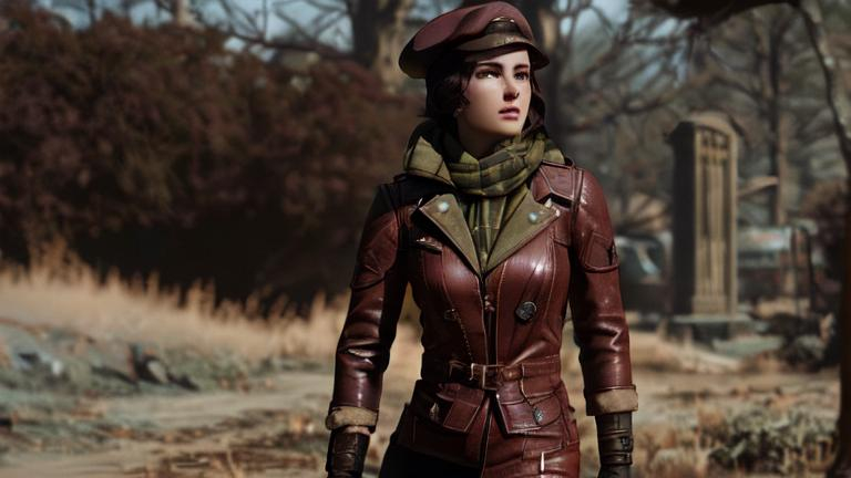 Piper from Fallout, dim lighting, dead trees, red le... | OpenArt