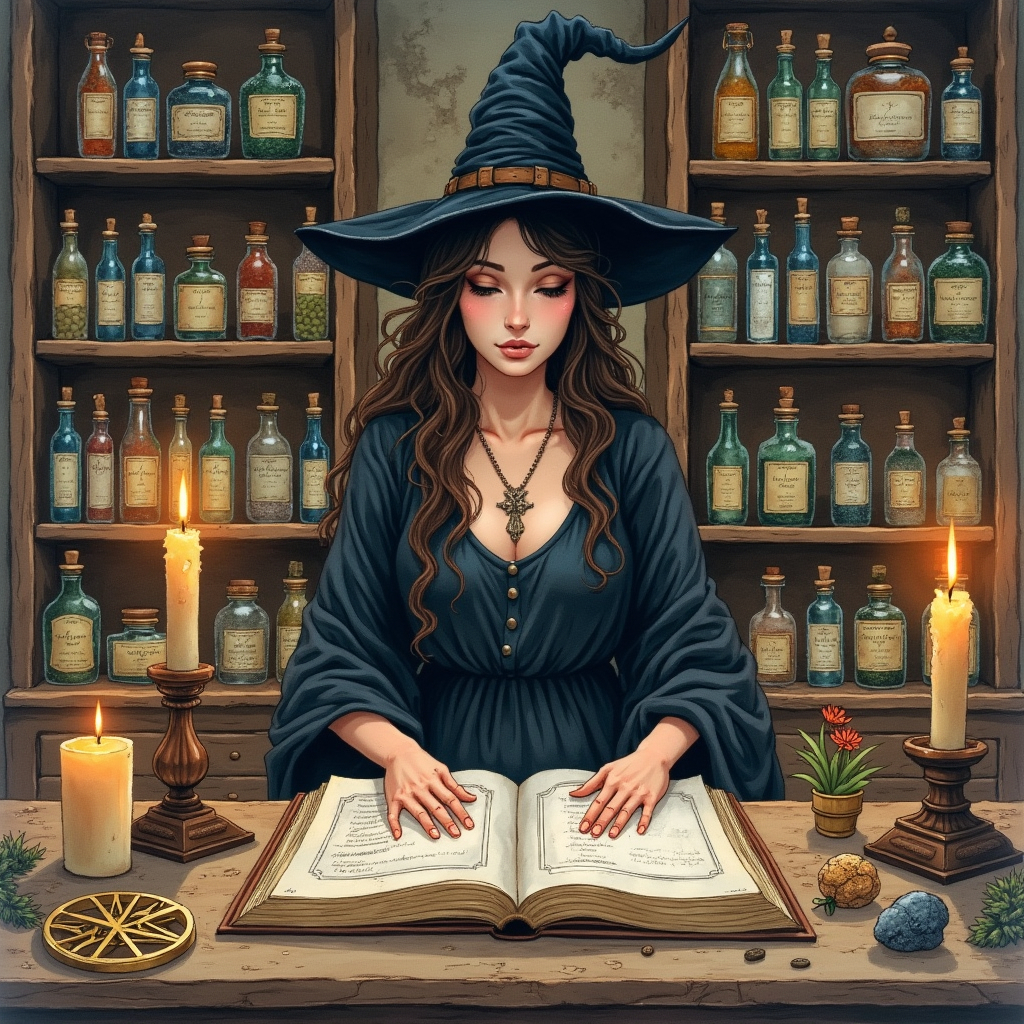 A solitary witch stands in her spell room, behind he...