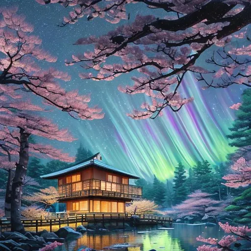 A cabin in Sakura forest by the lake, background blo...