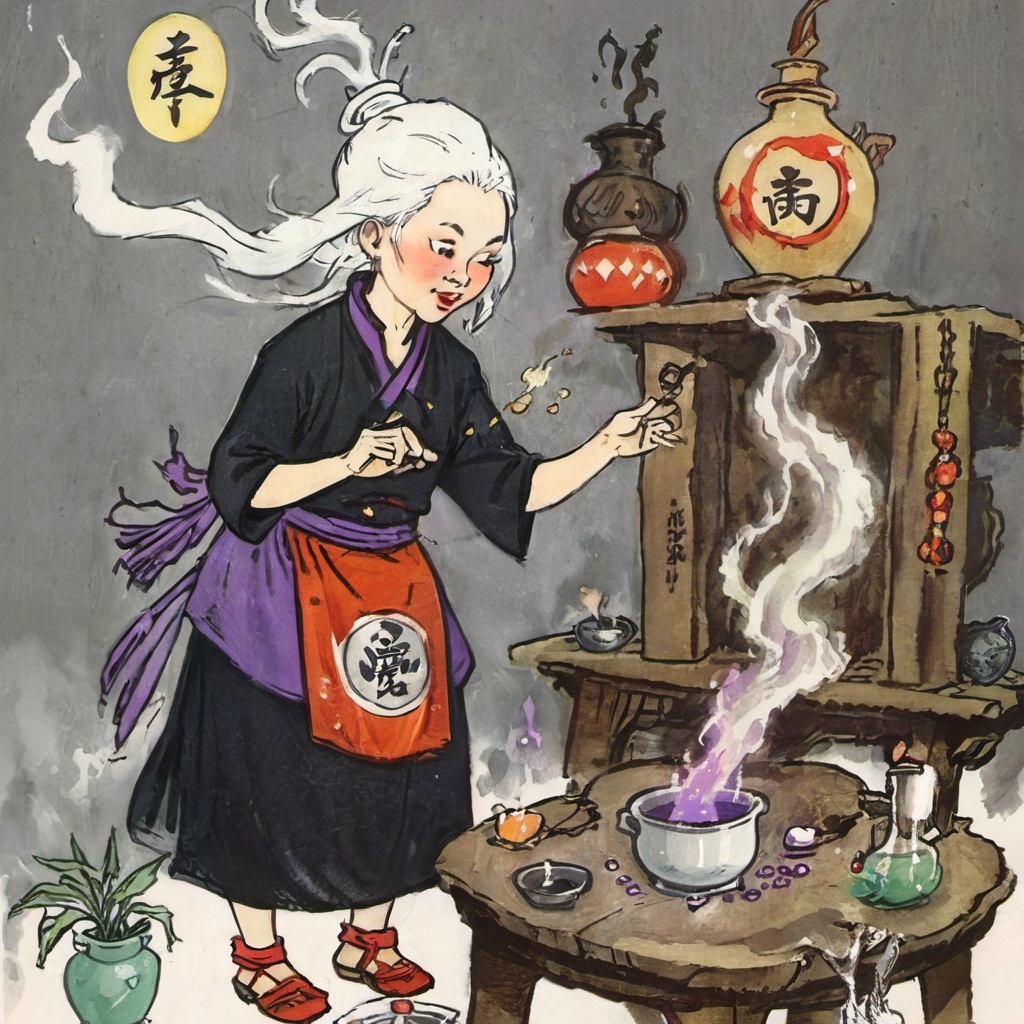 Portrait of a Chinese witch mixing magic potion, Gen...