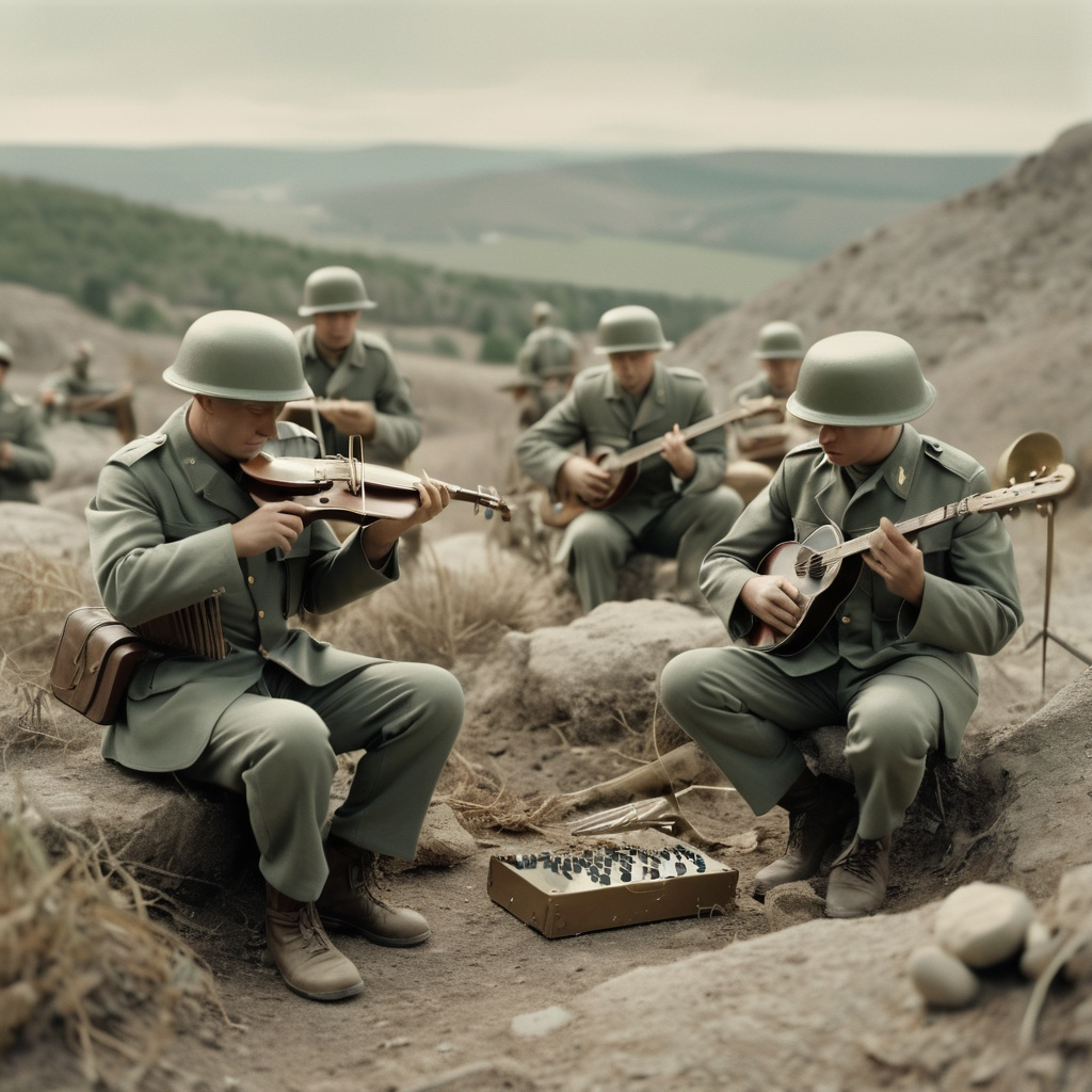 Army men playing different instruments among a lands...