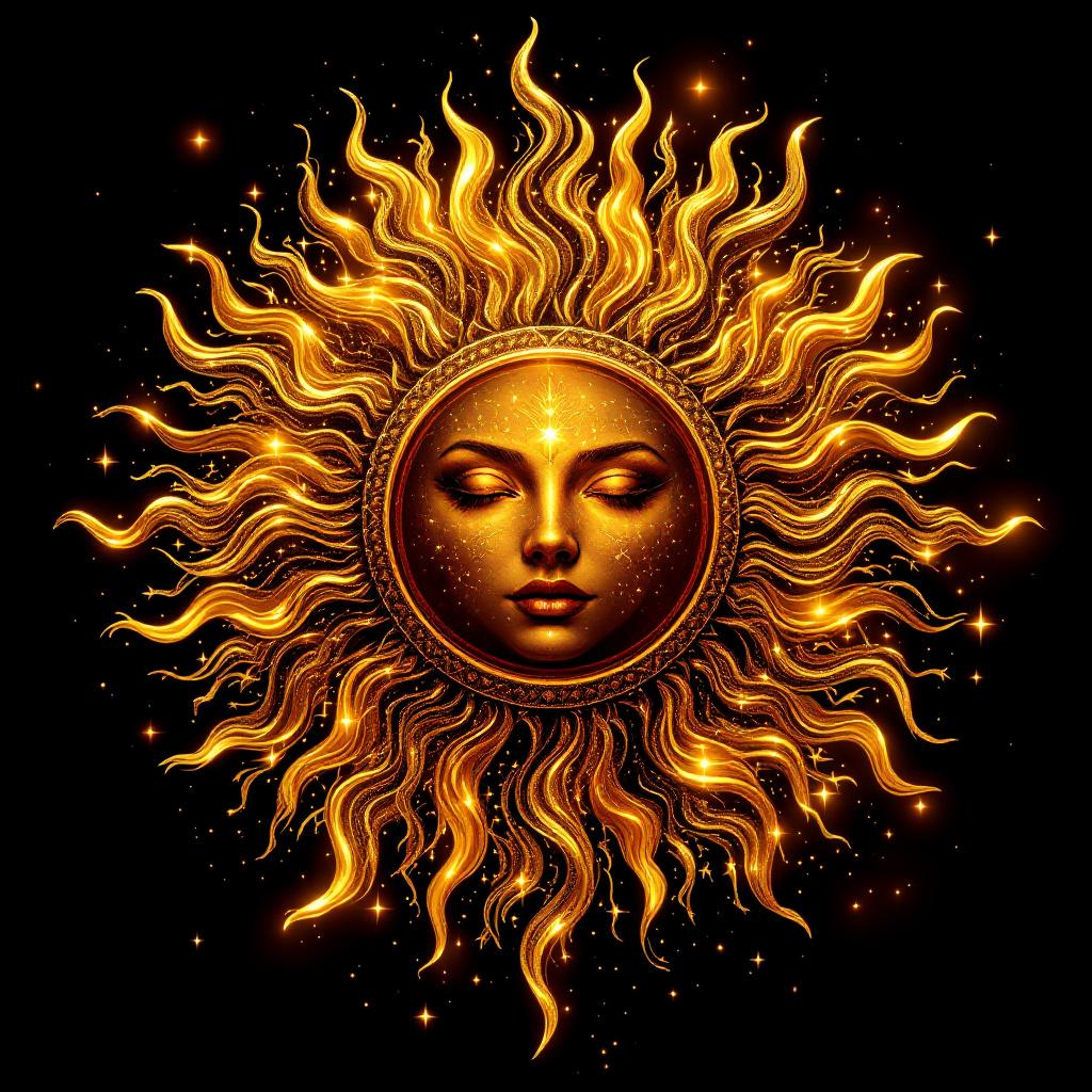 sun crest, gold, magical looking,