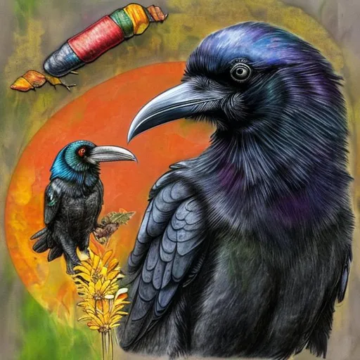 Painting of a Raven eating a bright colored caterpillar | OpenArt