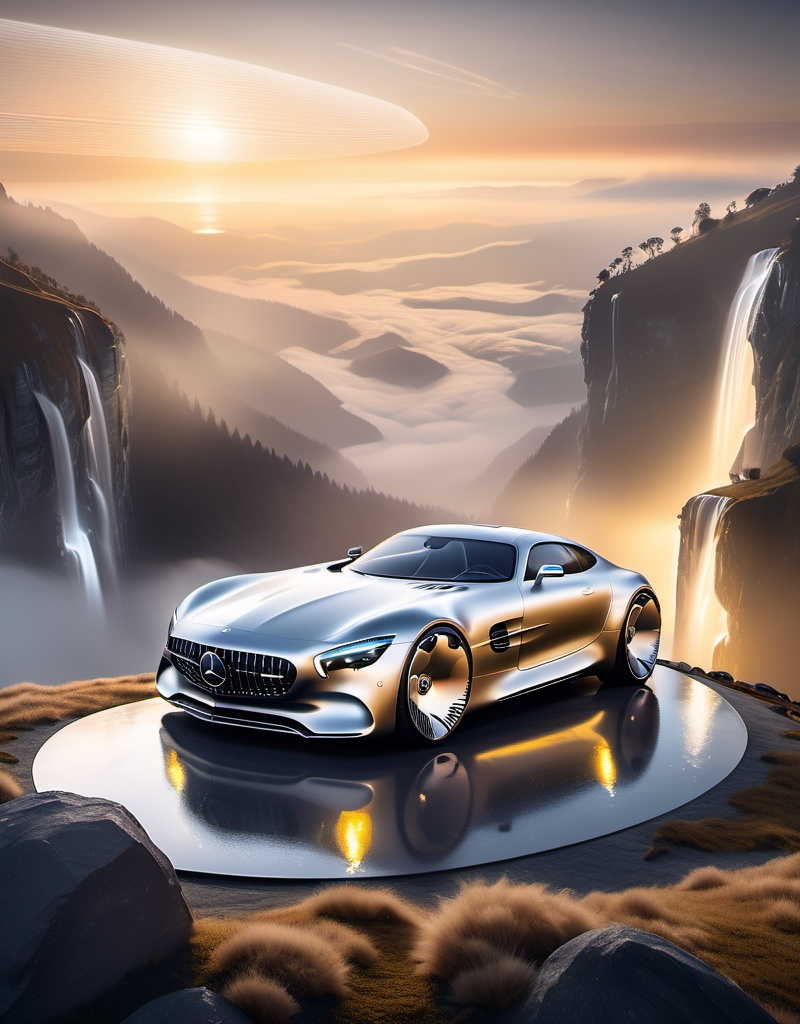 A sleek, futuristic Mercedes-Benz parked on a misty...