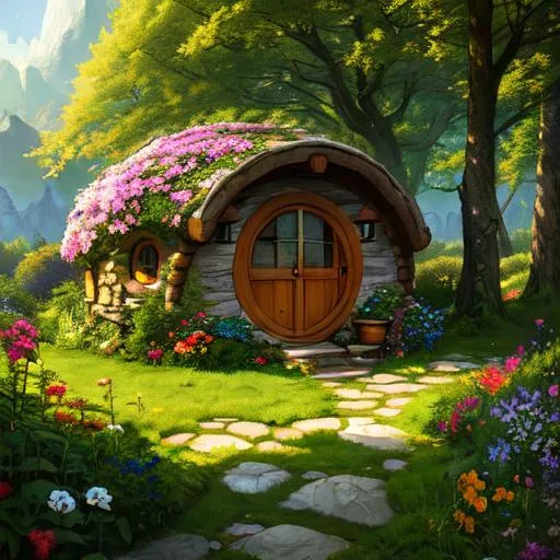 dreamlikeartHobbit landscape, hobbit house, tree, ga... | OpenArt
