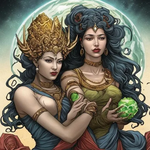 beautiful woman god of elements, holding a rotten ea...