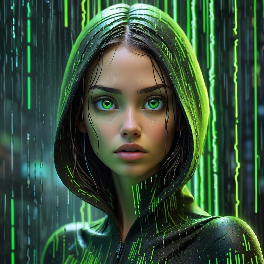 A young woman, engulfed in flowing Matrix code, digi...