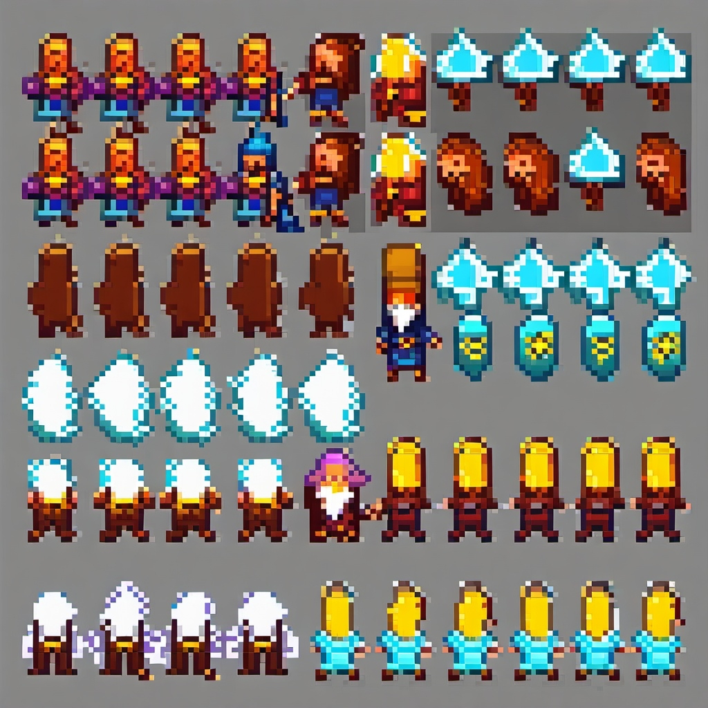 sprite sheet for a wizard in top down rpg game , it...