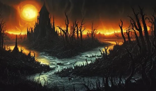 eldritch hellscape, river, dark and eerie, hell, dem...