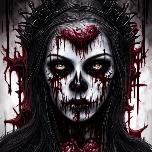 a close up of a woman with blood on her face, gothic...