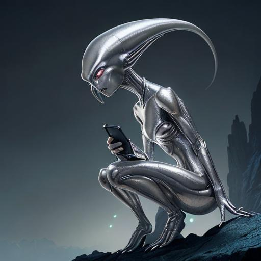 The gorgeous silver alien becomes one with the phone...