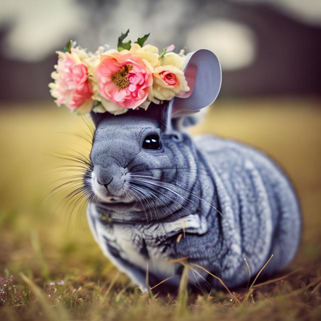 a chinchilla with a flower crown on a field