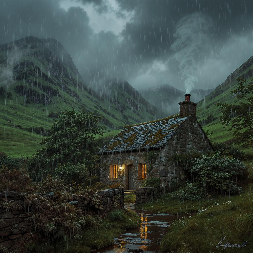 crea la imagen de una casita de piedras en un valle...