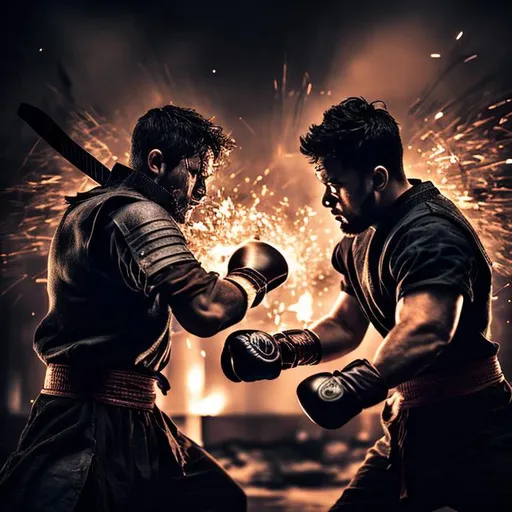 Two men, fighting, dark, cinematic, moonlit, sword c... | OpenArt