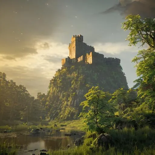 Distant castle in a lush green valley with the sun r... | OpenArt