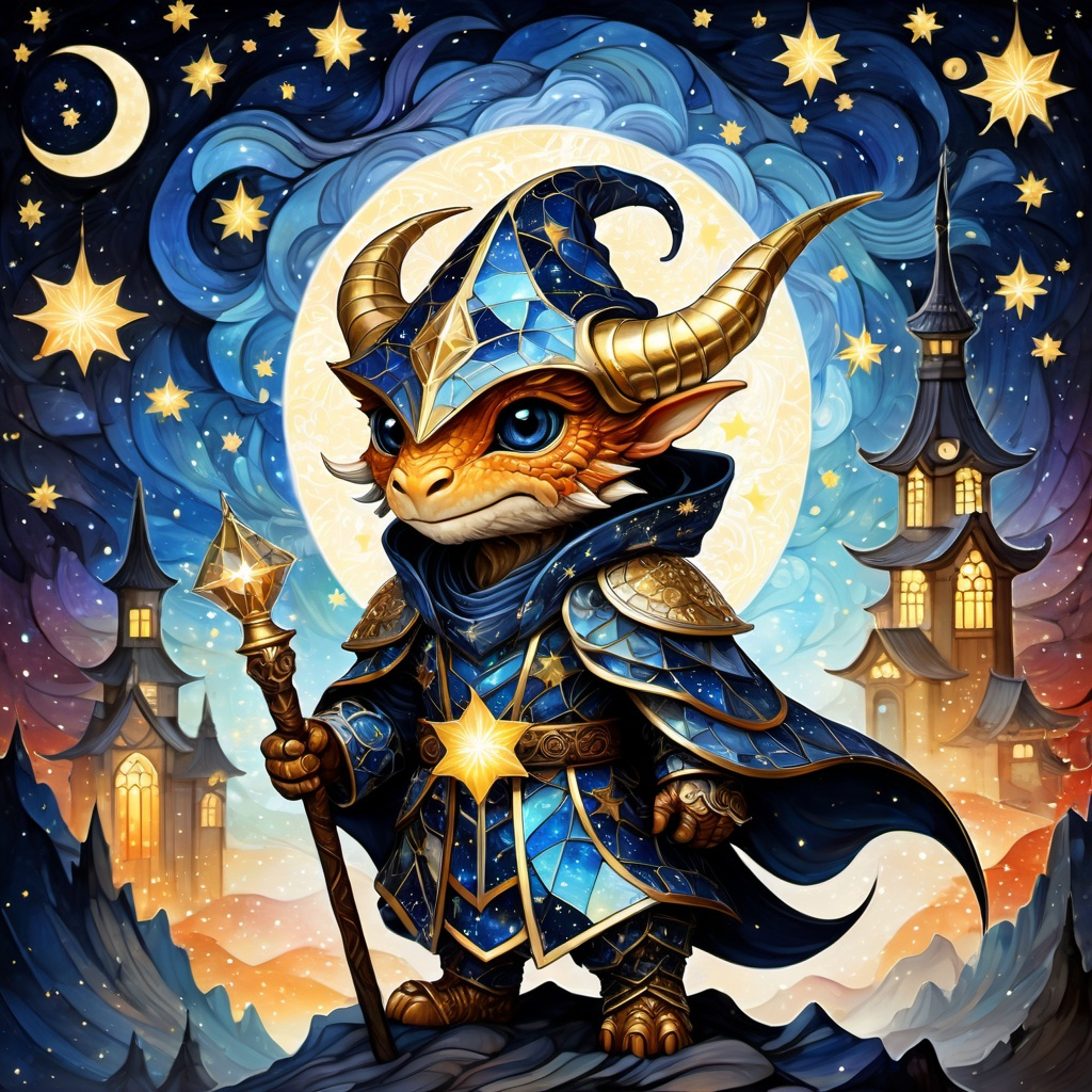 an adorable chibi dragonborn wizard, dark starry nig... | OpenArt