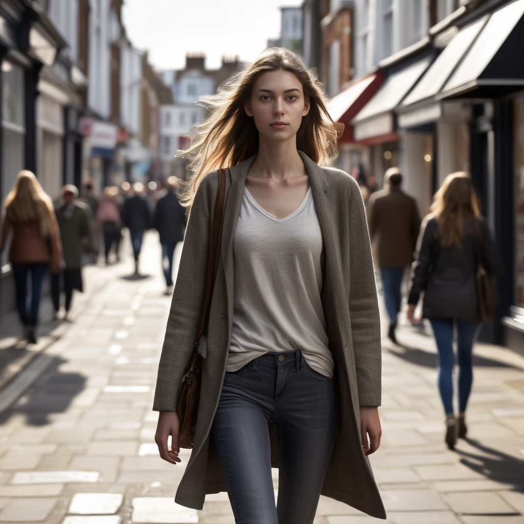 Tall young woman walking down the high street, detai...