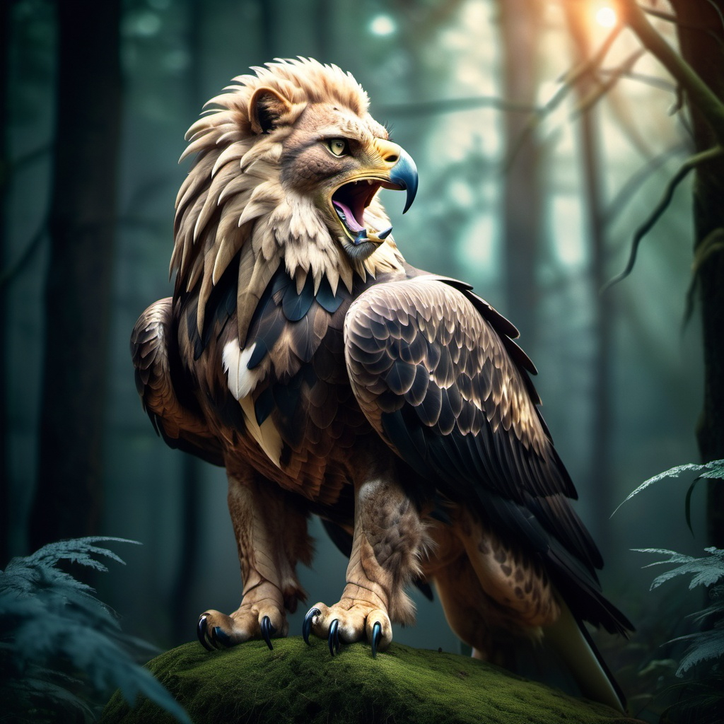 Eagle-lion hybrid in a mystical forest, animal hybri...