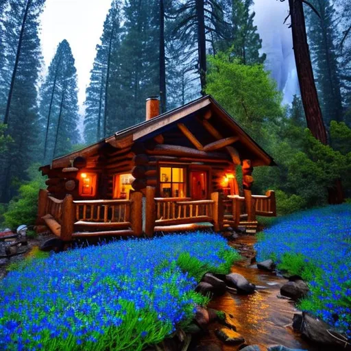 Cozy cabin surrounded by blue flowers in the rain ne...