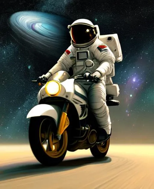 Astronaut riding a motorcycle through space, galaxy,... | OpenArt