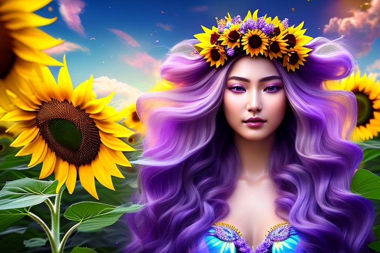 sunflower maiden goddess with purple flowing hair wi... | OpenArt