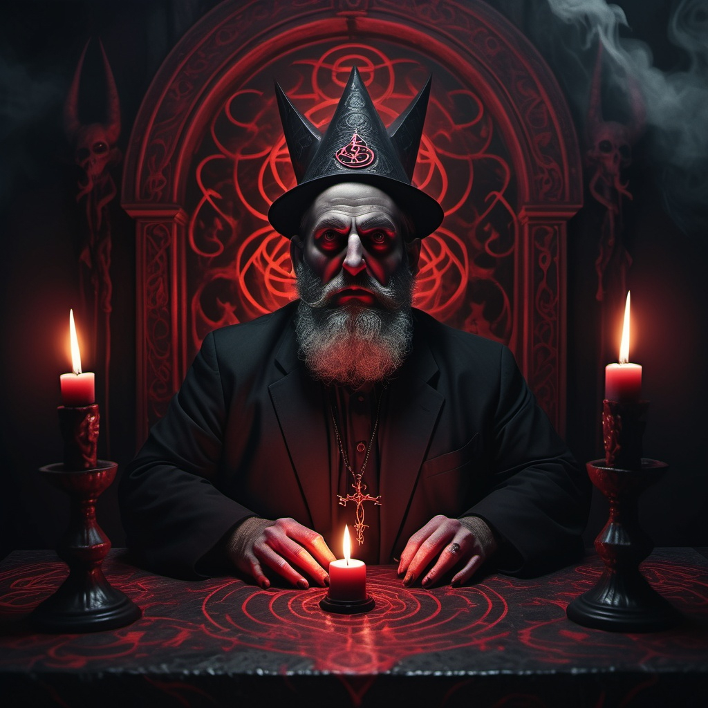 Evil satanic rabbi at satanic altar, dark and forebo...