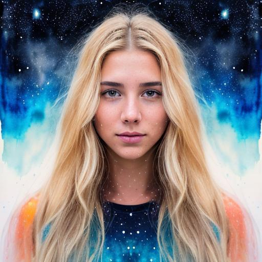 "long Blonde haired human face+Space+galaxy, double...