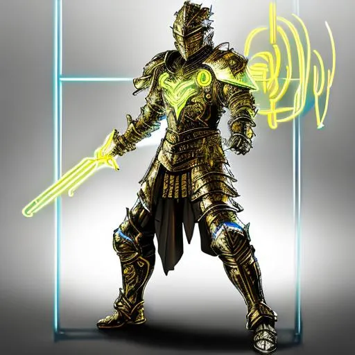 Warrior with a silver and gold armour neon neon