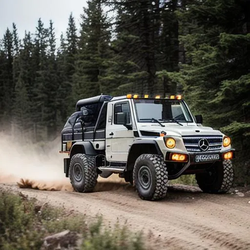 mercedes unimog in light grey, offroading, cinematic...