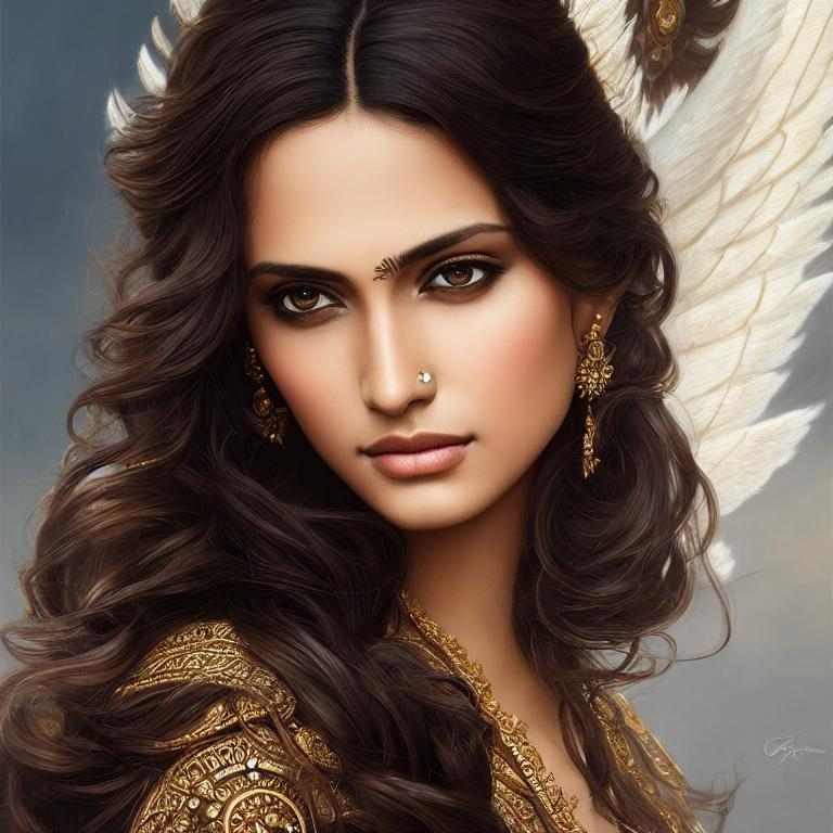 Portrait of {Indian angel} with {dark brown} hair an... | OpenArt
