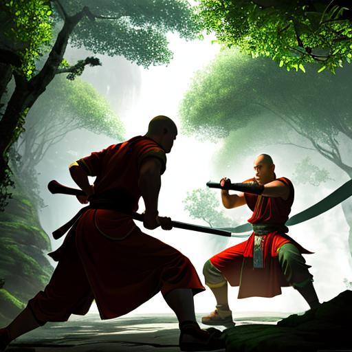 fighting shaolin monks, fantasy, dense jungle, (best...