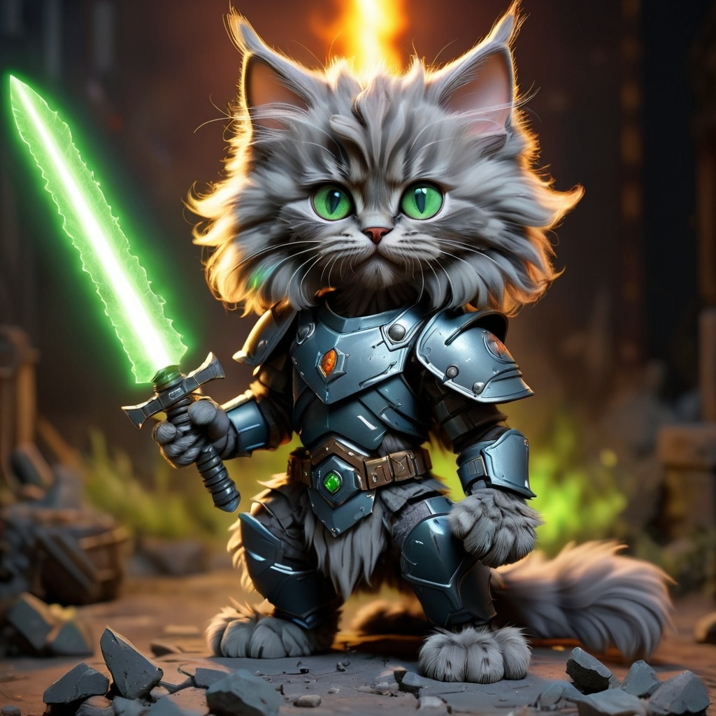 Kitten swings sword and cuts through concrete pillar