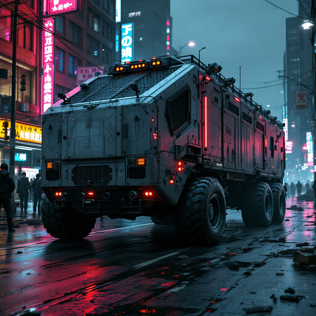 armored cyberpunk prison transport truck, reinforced...