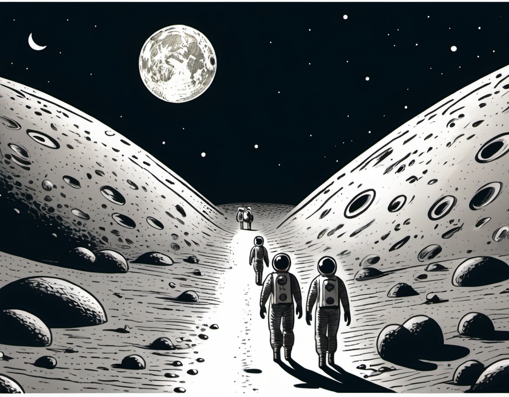 Comic strip. Panel depicts People going to the moon.