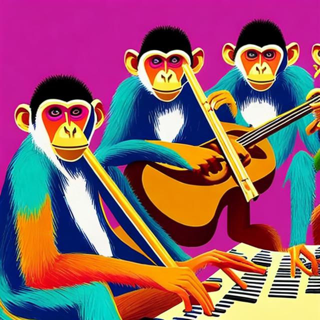 Colourful monkeys playing musical instruments in sty...