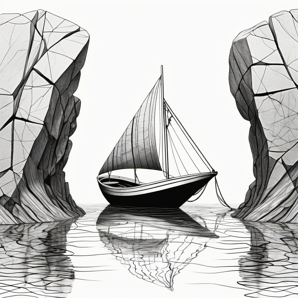 a boat made of rock in a simple drawing of lines in...