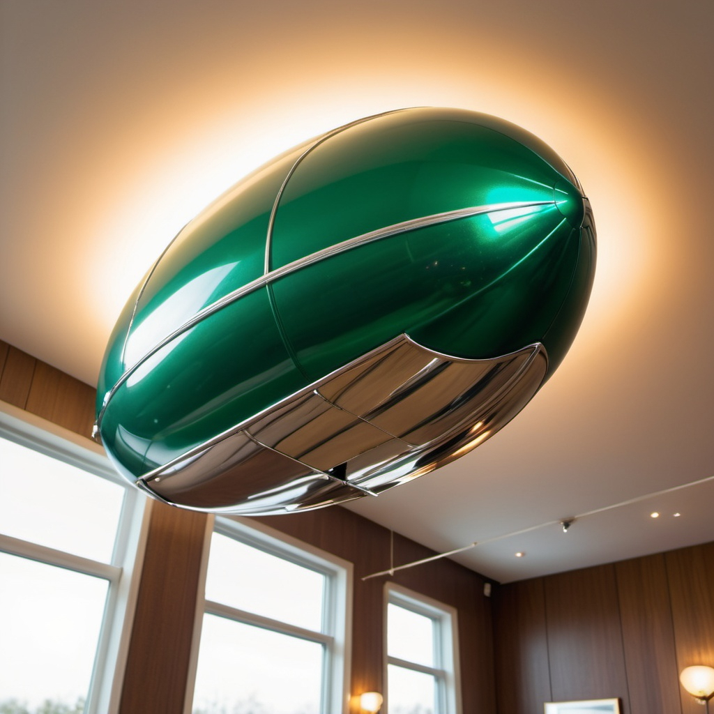 emerald chrome zeppelin, golden hour overhead lighti...