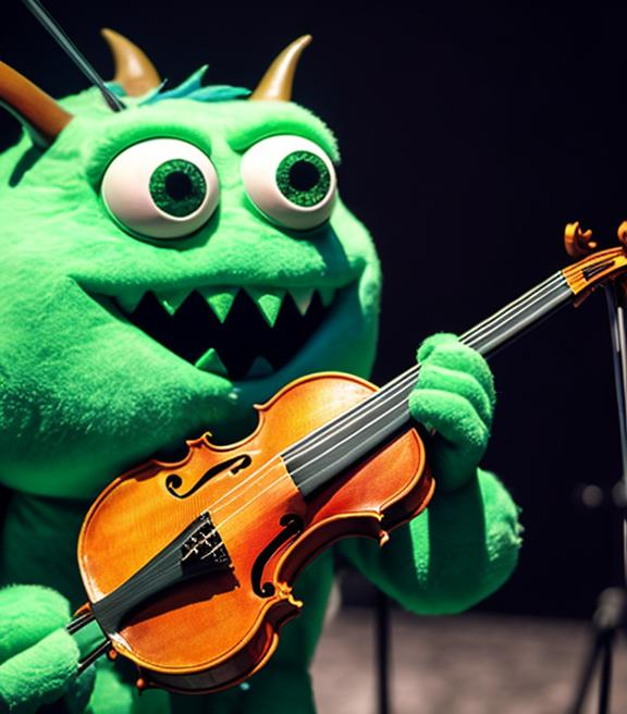 Cute green monster plays the violin on a stage with...
