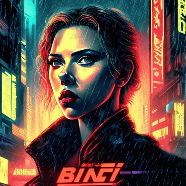 Scarlett Johansson in blade runner with a neon backg...