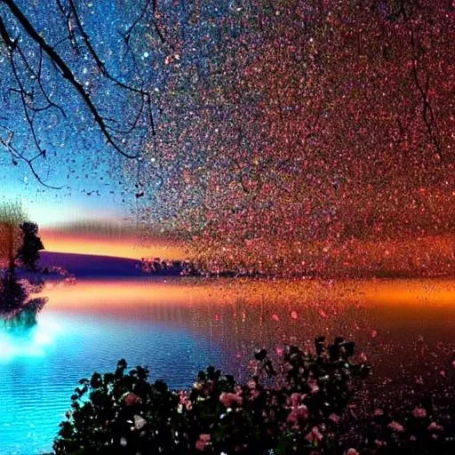 glimmering lake of glowing water, large cherry tree...