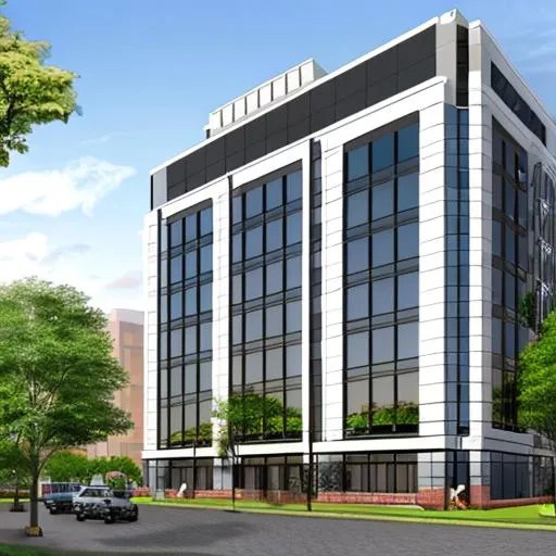 full view of a 10-story brick office building on 5 m... | OpenArt