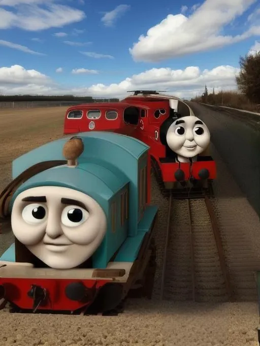 Thomas the Tank Engine in Mad Max Fury Road, chased... | OpenArt